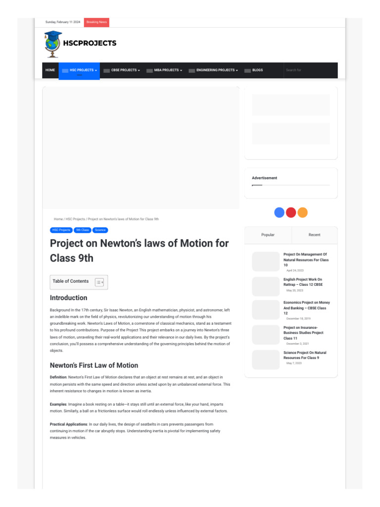 Hscprojects Com Project On Newtons Laws of Motion For Class 9th | PDF | Force | Newton's Laws Of ...
