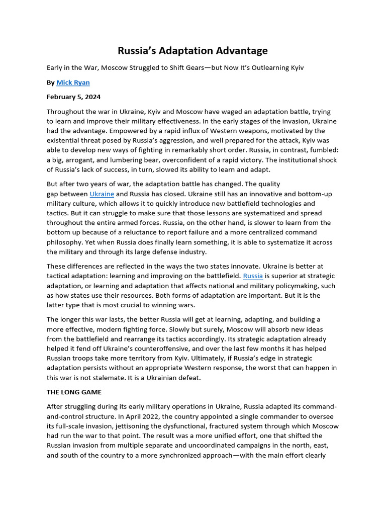 Russia's Adaptation Advantage | PDF | Tanks | Unmanned Aerial Vehicle