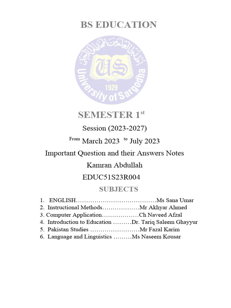 BS Education: Key Notes & Questions | PDF | Printer (Computing) | Noun