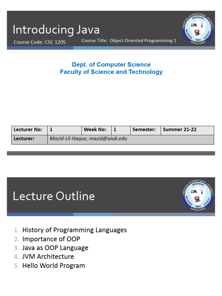 Lecture 1.1 - Introducing Java | Download Free PDF | Object Oriented Programming | Java ...