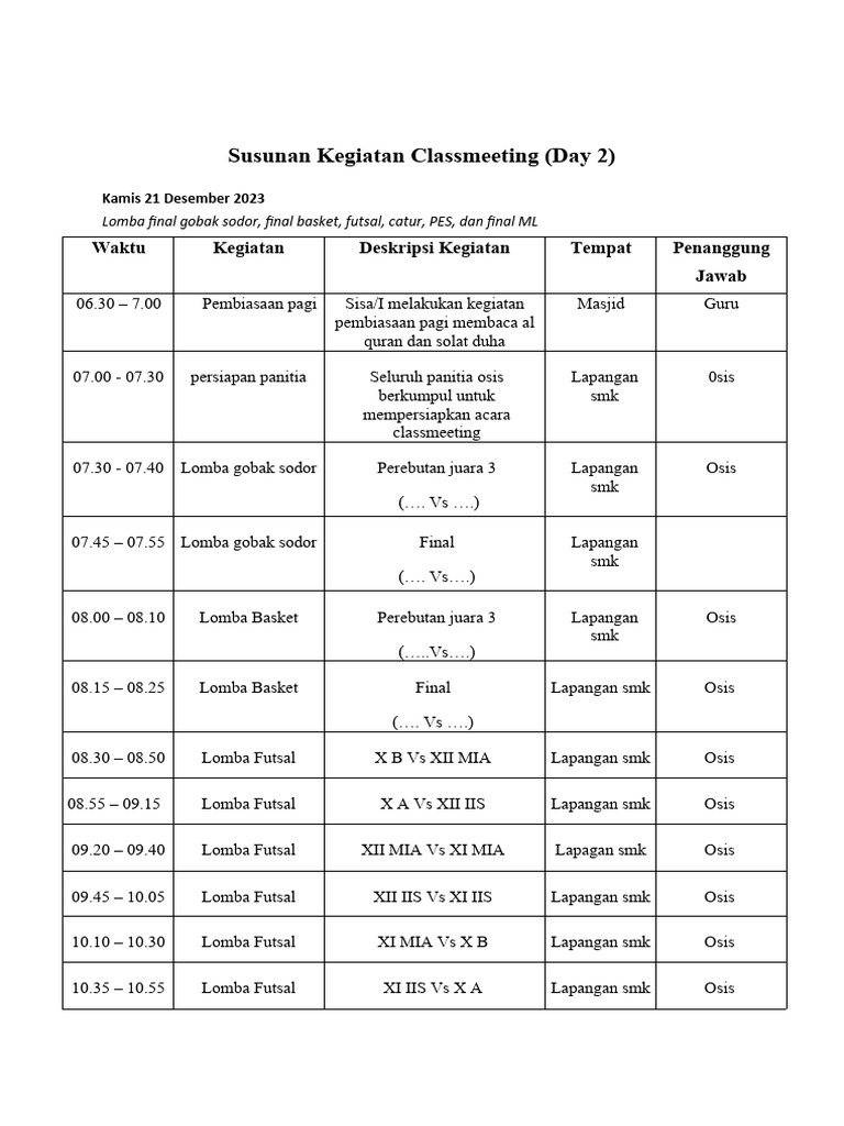Rundown Classmeet 2023 | PDF