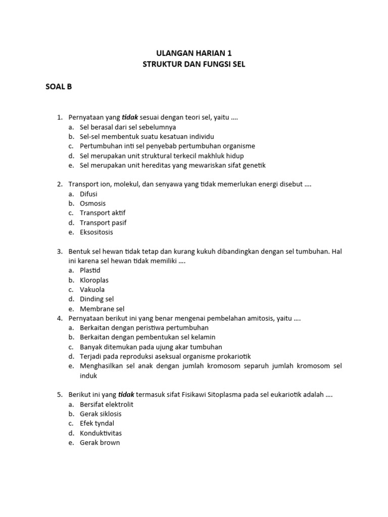 UH Struktur Dan Fungsi Sel Soal B | PDF