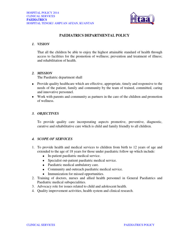 Paediatric Policy 2014 | PDF | Patient | Hospital