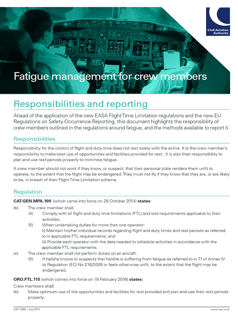 CAP 1289 Fatigue Management For Crew Members | PDF | Whistleblower ... CAP 1289 Fatigue Management For Crew Members | PDF | Whistleblower ...