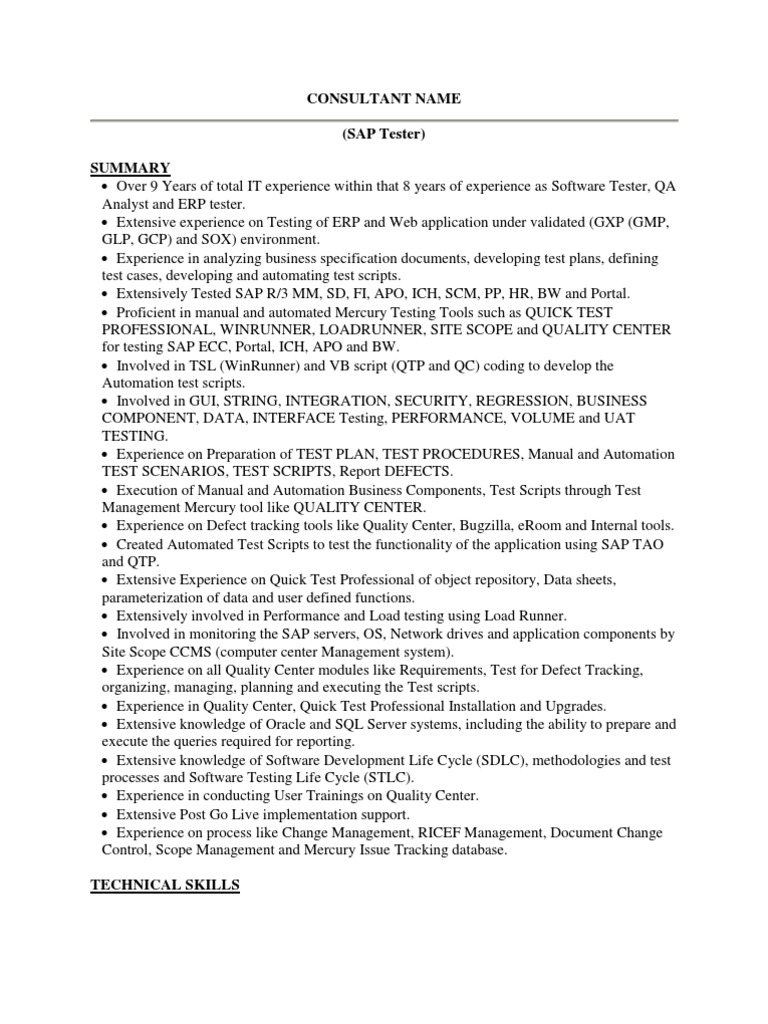 SAP Tester-Sample Resume | PDF | Oracle Database | Scripting Language