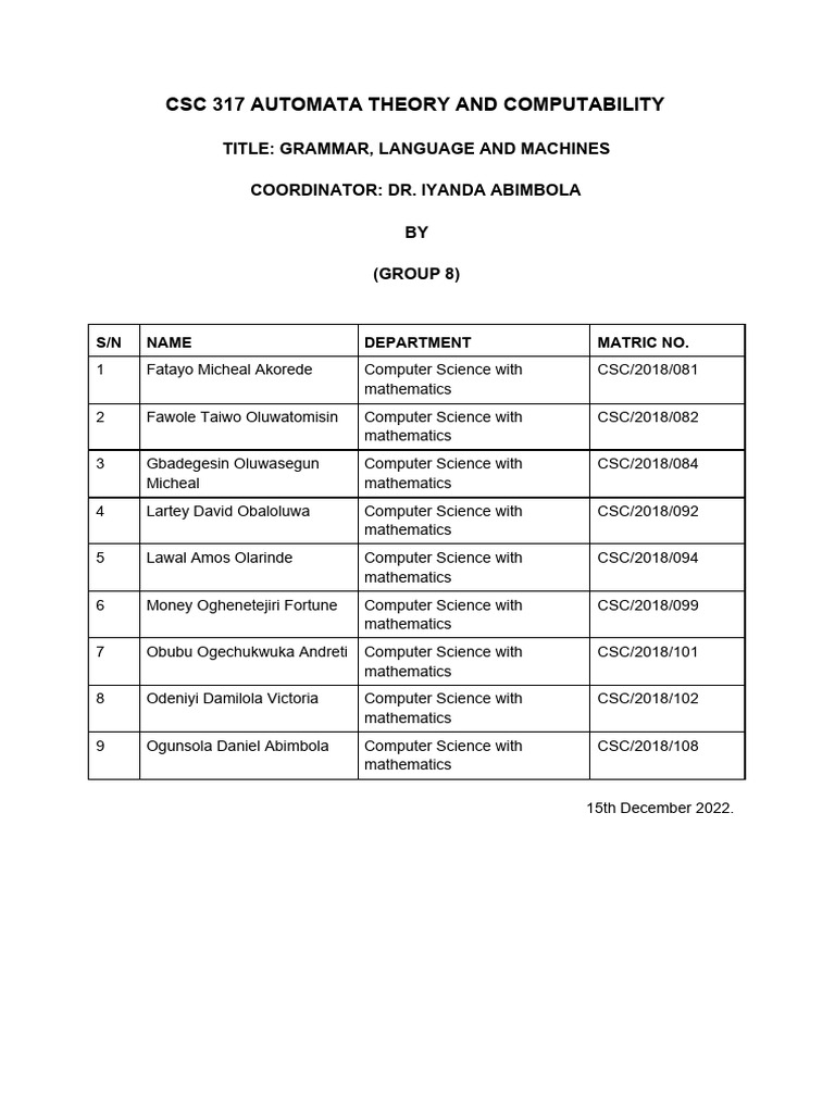 CSC 317 Automata Theory Project | PDF | Automata Theory | Computer Science