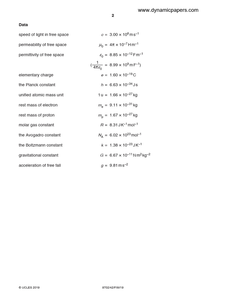 9702 CAIE Alevels Physics Data Section | PDF | Mass | Gases