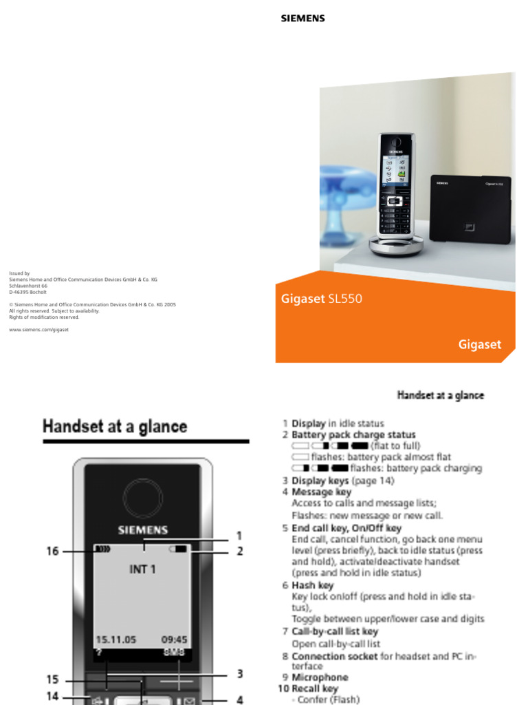 Siemens Gigaset Eng Sl550 | PDF | Telephone | Rechargeable Battery