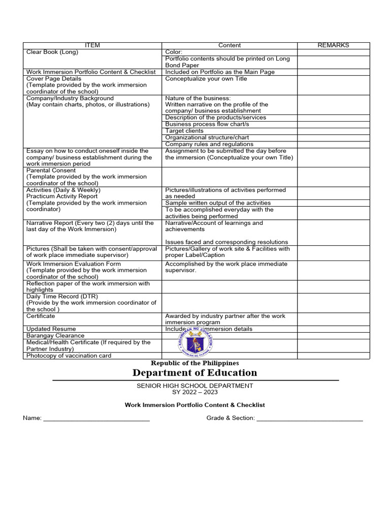 Work Immersion Portfolio Checklist | PDF | Computers