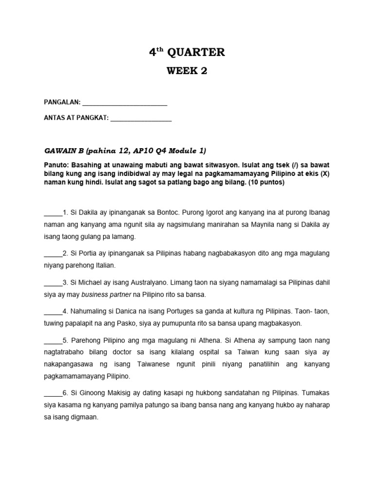 AP Quarter 4-Week 2-Gawain B & Pagtataya | PDF