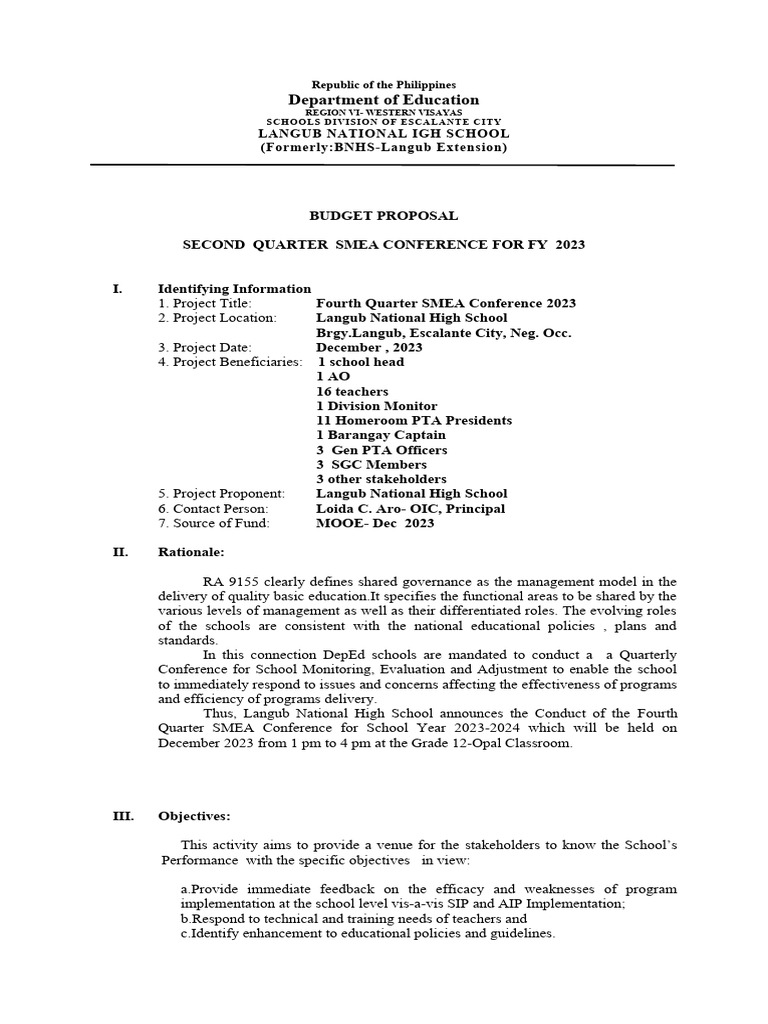 Budget Proposal Fourth Quarter Smea 2023 | PDF