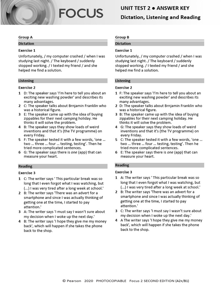 Focus2 2e Unit Test Dictation Listening Reading Unit2 Groupa B Answers