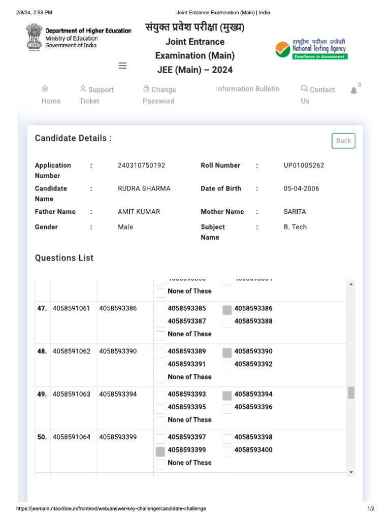 Jee Answer Key 2 | PDF