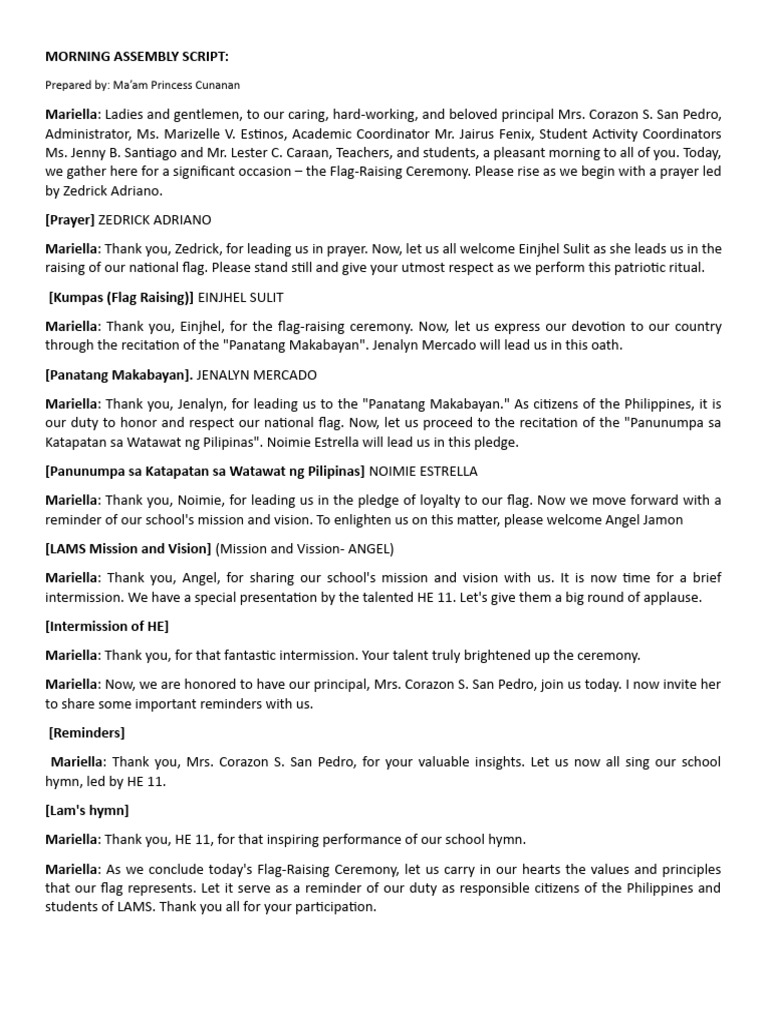 Morning Assembly Script | PDF | Wellness