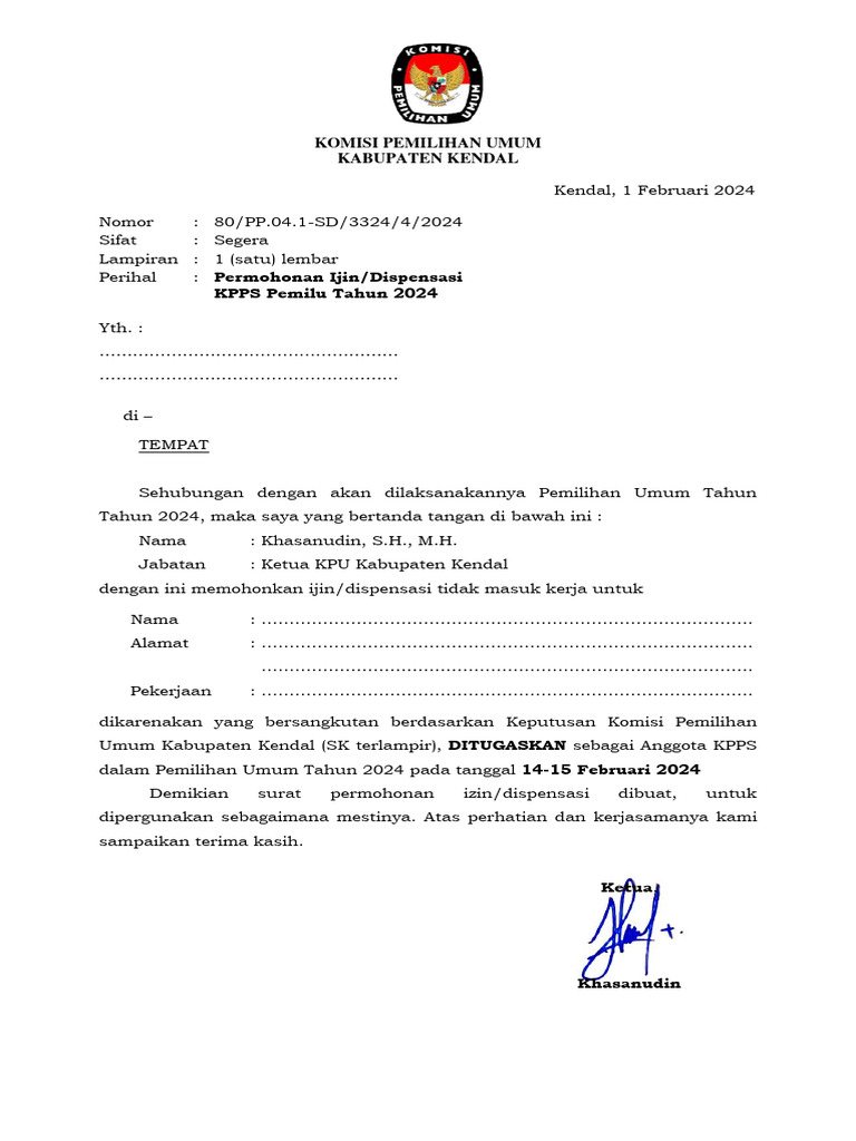 Surat Ketua KPU Permohonan Izin Dispensasi Tugas KPPS | PDF