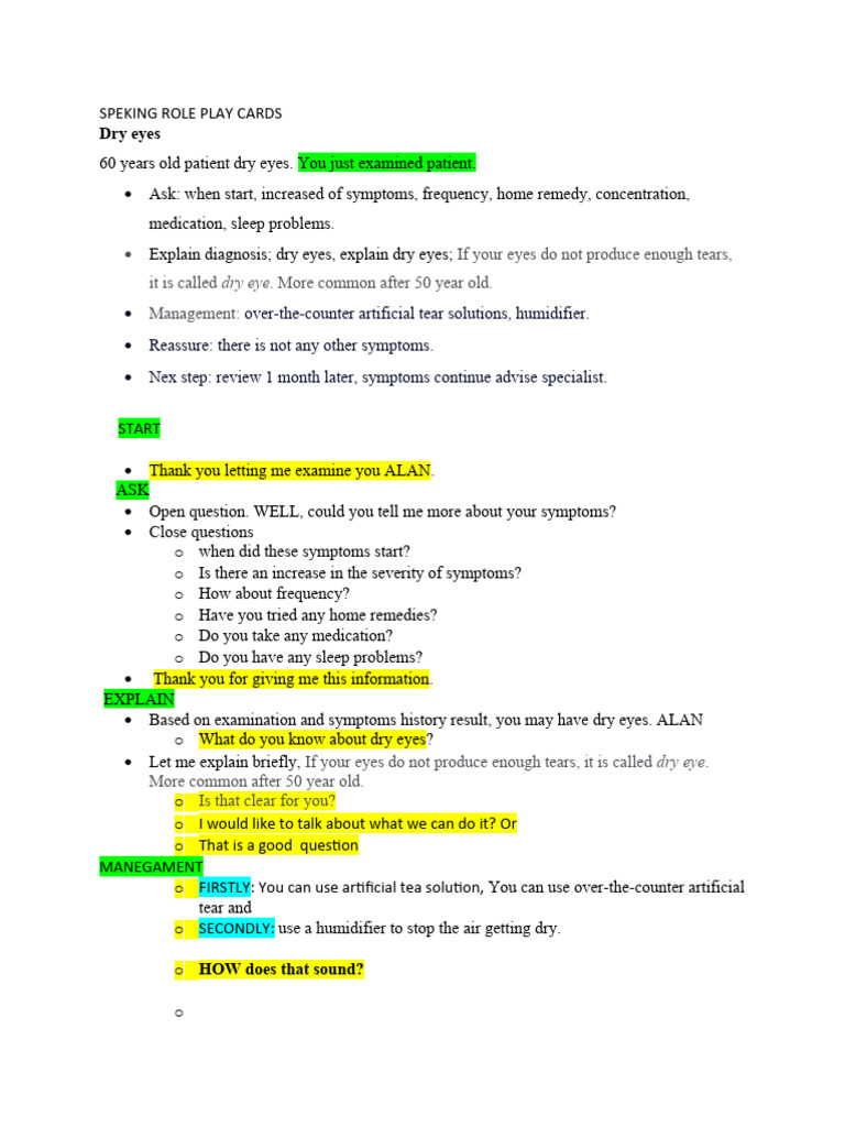 Speking Role Play Cards | PDF | Diseases And Disorders | Medicine