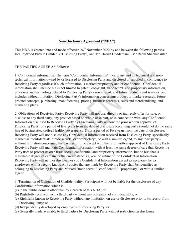 Non Disclosure Agreement (NDA) | PDF | Non Disclosure Agreement | Trade ...