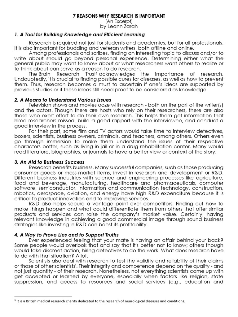 7 Reasons Why Research Is Important | PDF | Research And Development ...