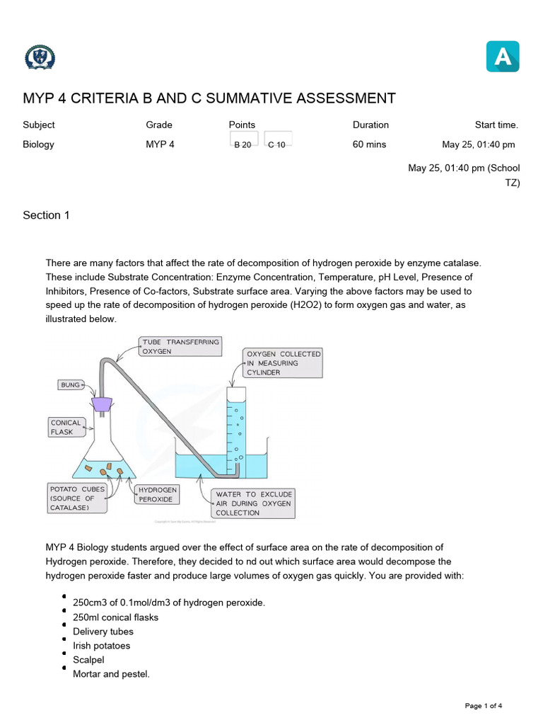 Myp 4 Criteria B and C Summative Assessment | PDF | Catalase | Hydrogen ...