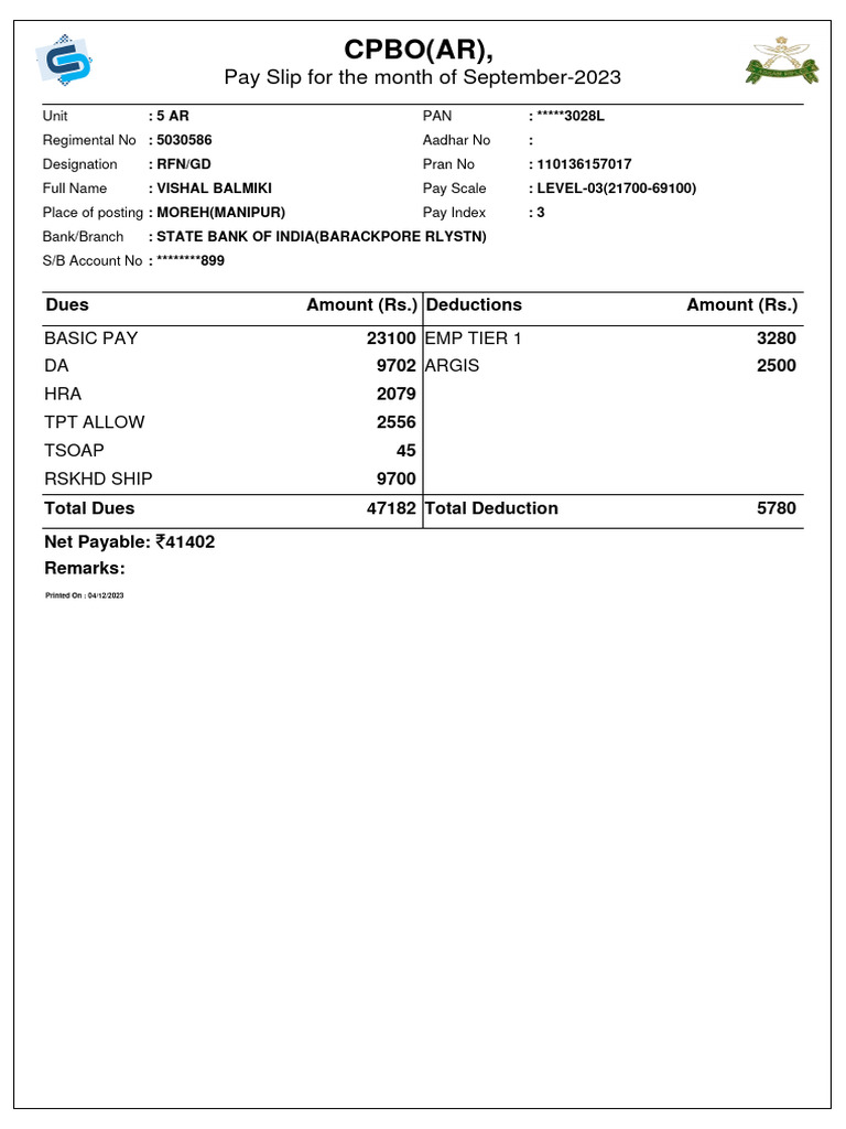 September-2023 PAYSLIP 5030586 | PDF