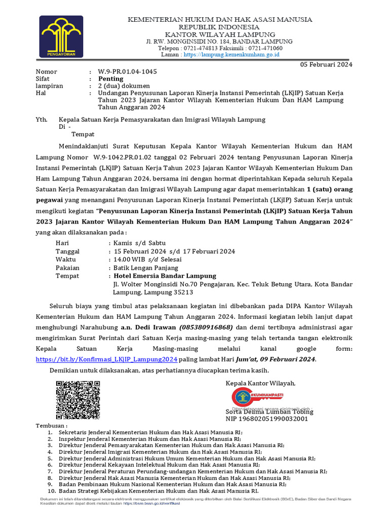 Undangan Penyusunan LKjIP Satuan Kerja Tahun 2023 Kanwil Lampung Tahun Anggaran 2024 | PDF