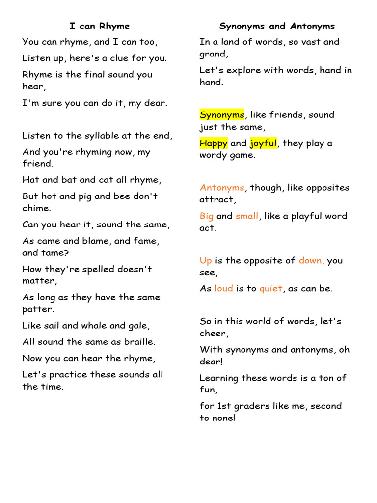 Rhyme, Synonyms, and Antonyms Guide | PDF | Language Arts & Discipline ...