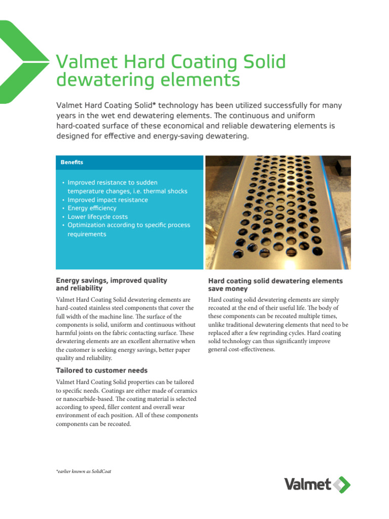 Valmet Hard Coating Solid Dewatering Elements - Flyer | PDF | Solid | Energy Conservation