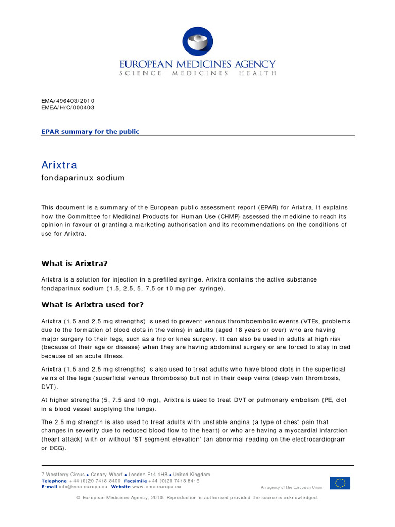 Arixtra Epar Summary Public en | PDF | Thrombosis | Thrombus