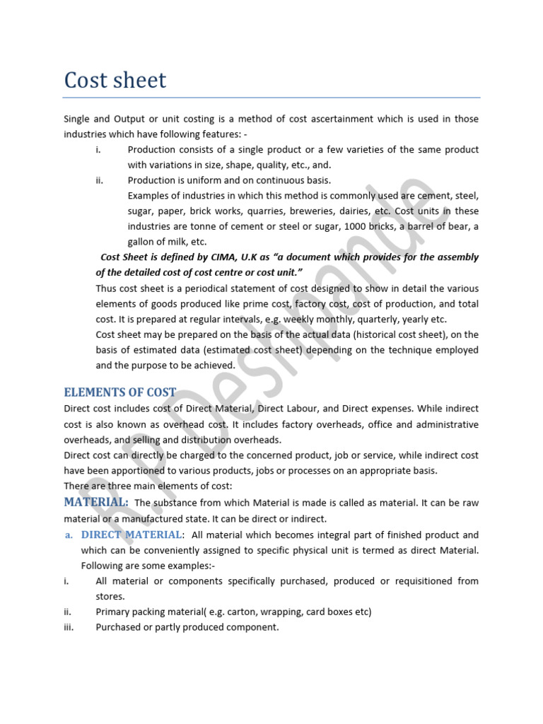 Cost Sheet Questions | PDF | Cost Of Goods Sold | Cost