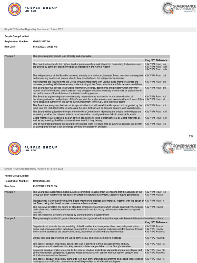 Purple Group King IV Report 2022 | PDF | Governance | Risk Management