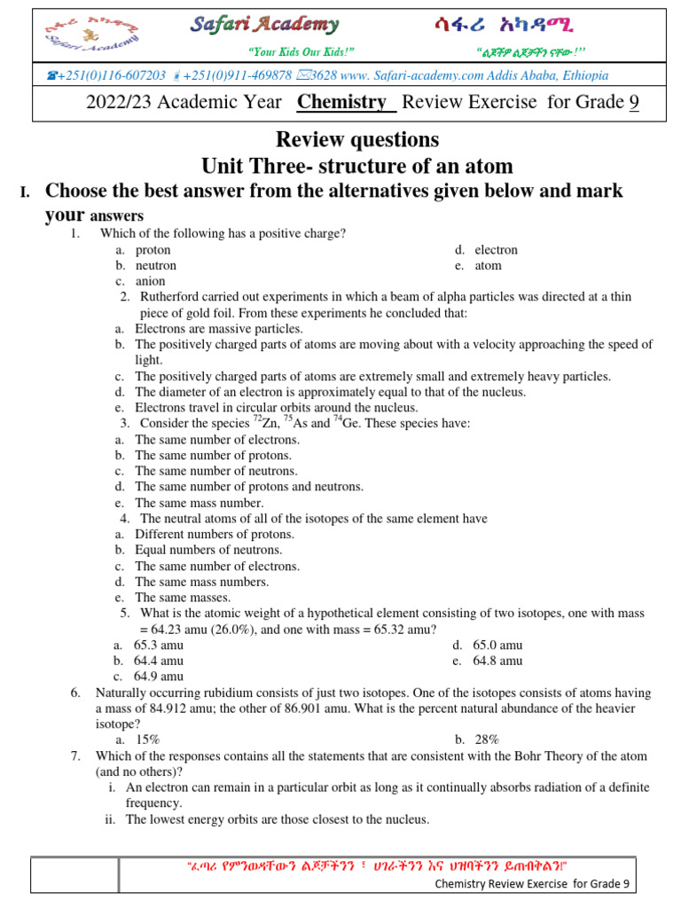 Chemistry Review Question For Grade 9 Unit 3 | PDF | Atoms | Atomic Nucleus