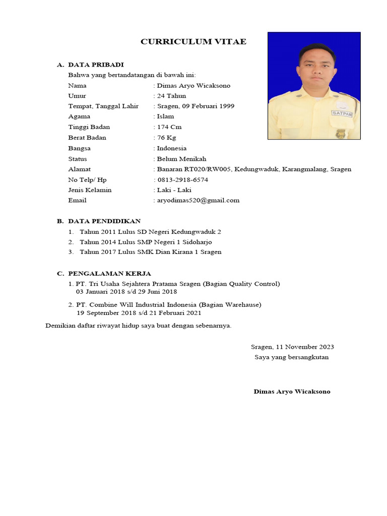 CV Dimas Aryo Wicaksono | PDF