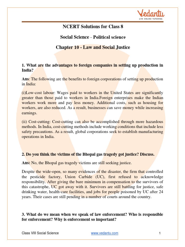 NCERT Solutions For Class 8 Social Chapter 10 - Law and Social Justice ...