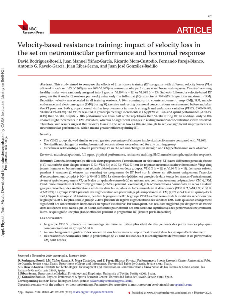 Rodriguez-Rosell Et Al., 2020 (APNM) Velocity-Based Resistance Training | Download Free PDF ...