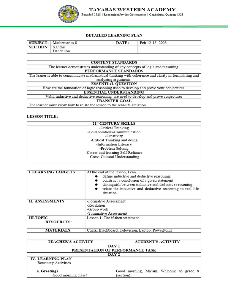 Mathematics 8 Learning Plan: Logic & Reasoning | PDF | Deductive ...