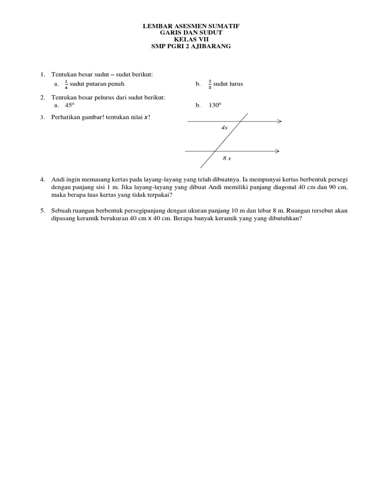 9260 Lembar Asesmen Sumatif Garis Dan Sudut Kelas 7-1 | PDF | Metode & Bahan Ajar