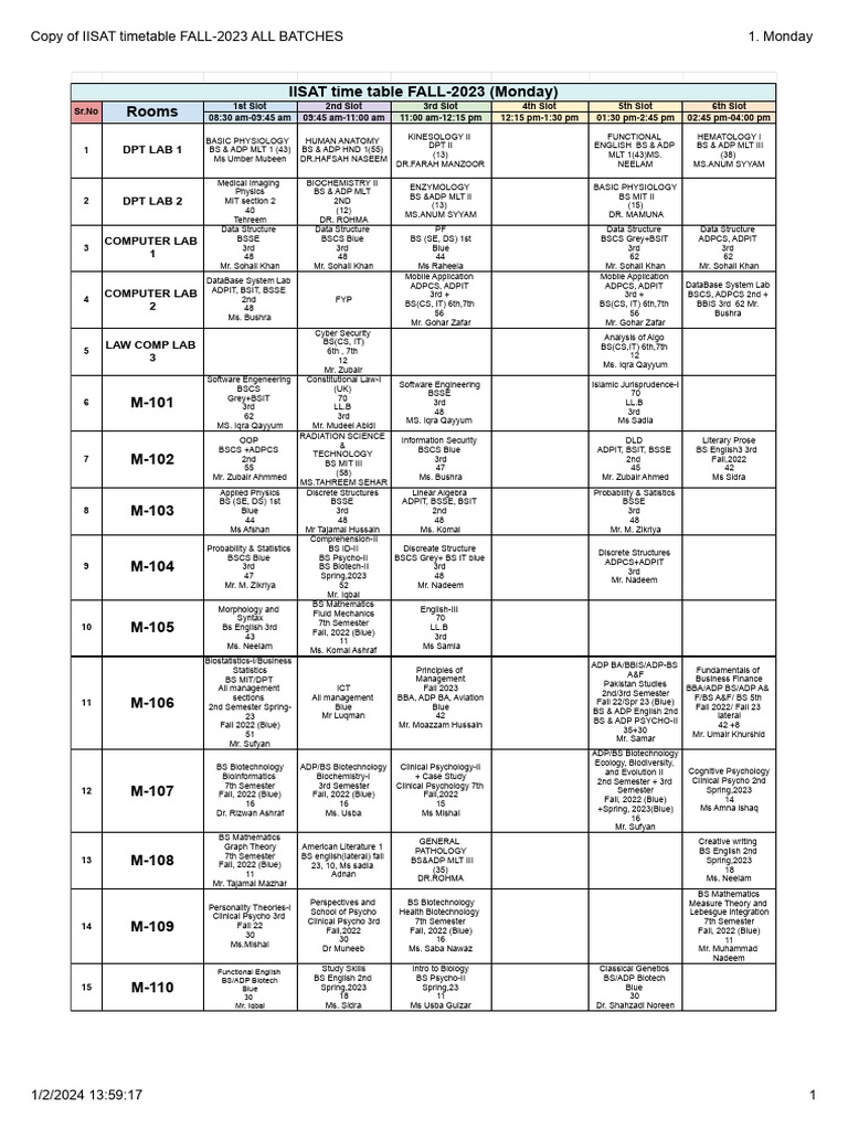 Iisat Timetable Fall-2023 All Batches (2124) | PDF