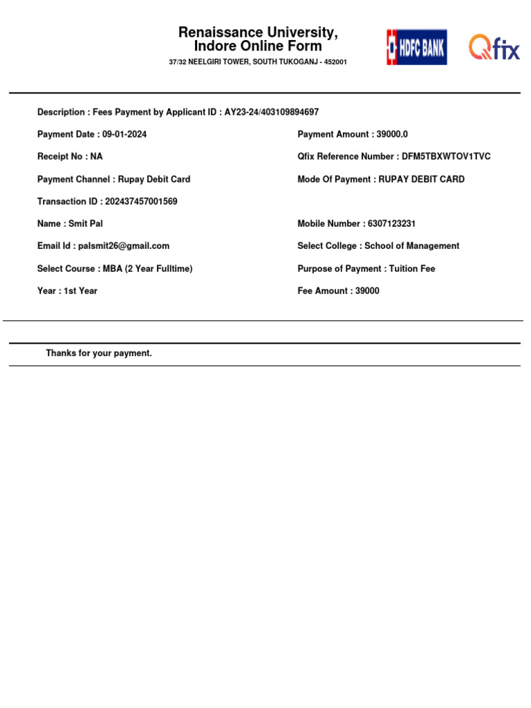 MBA Tuition Fee Receipt - Renaissance University | PDF