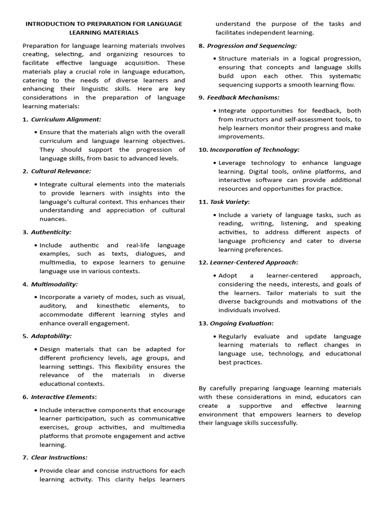 Introduction To Preparation For Language Learning Materials | PDF | Learning | Language Acquisition