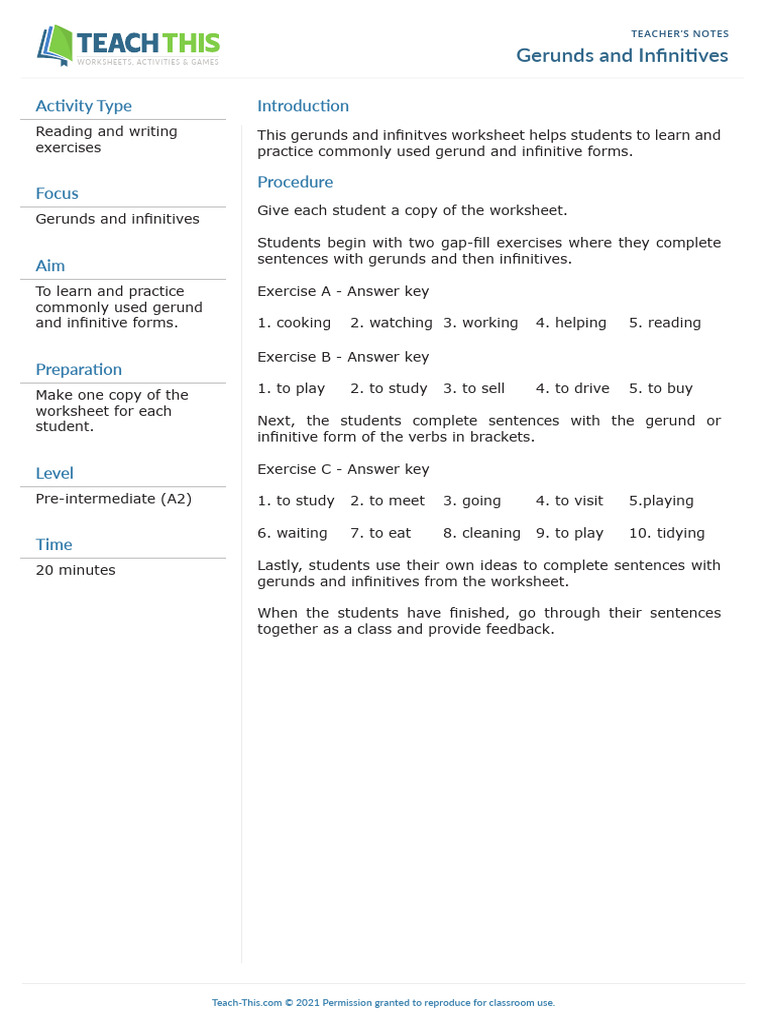Gerunds and Infinitives Worksheet A2 | PDF