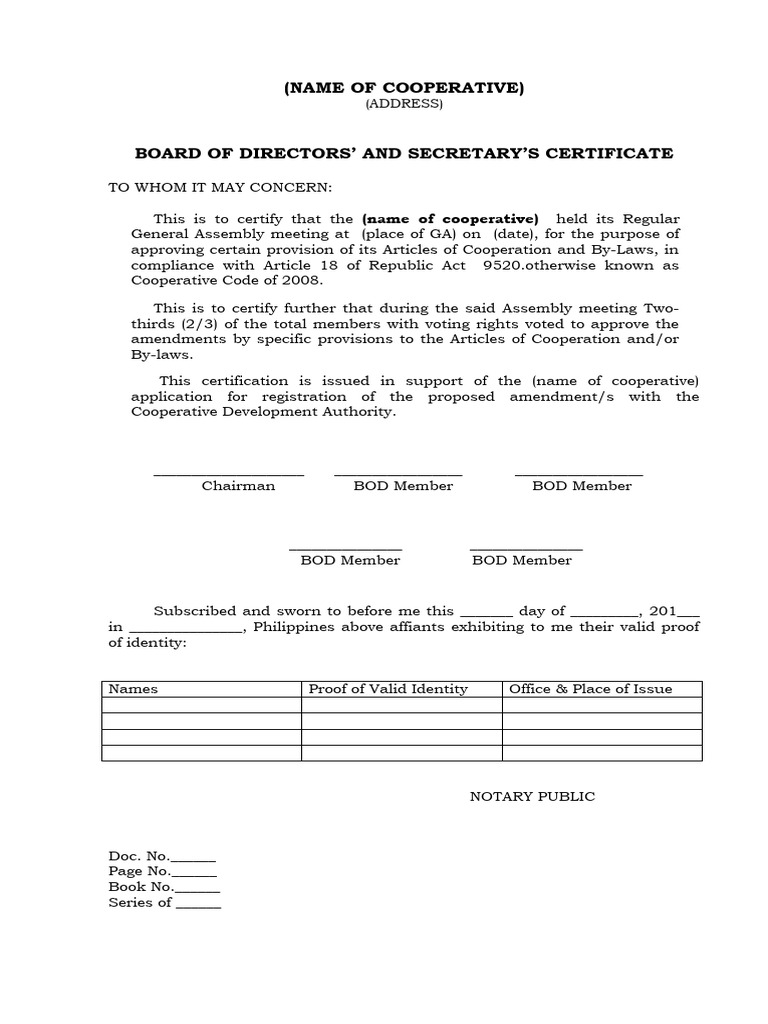 Bod and Secretary Certificate | PDF