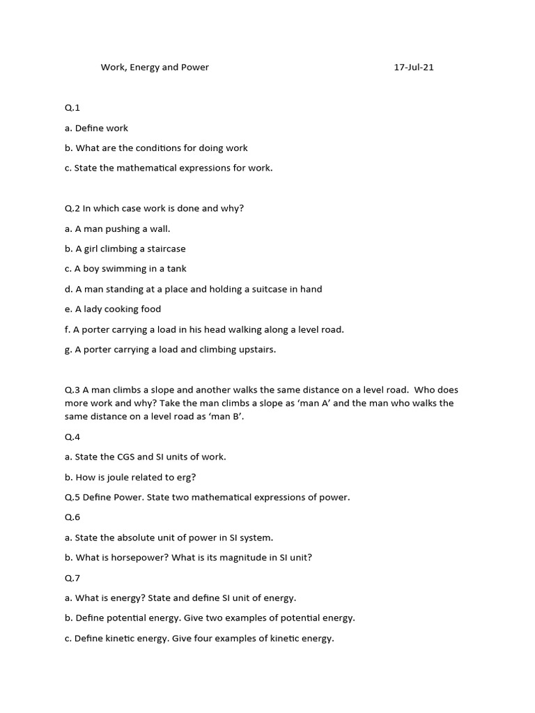 Work Energy and Power | PDF | Potential Energy | Force