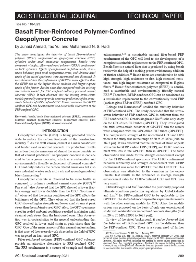 Basalt Fiber-Reinforced Polymer-Confined Geopolymer Concrete | PDF ...