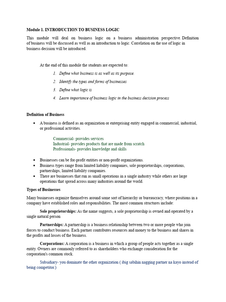 Logic Module 1. Introduction To Business Logic | PDF