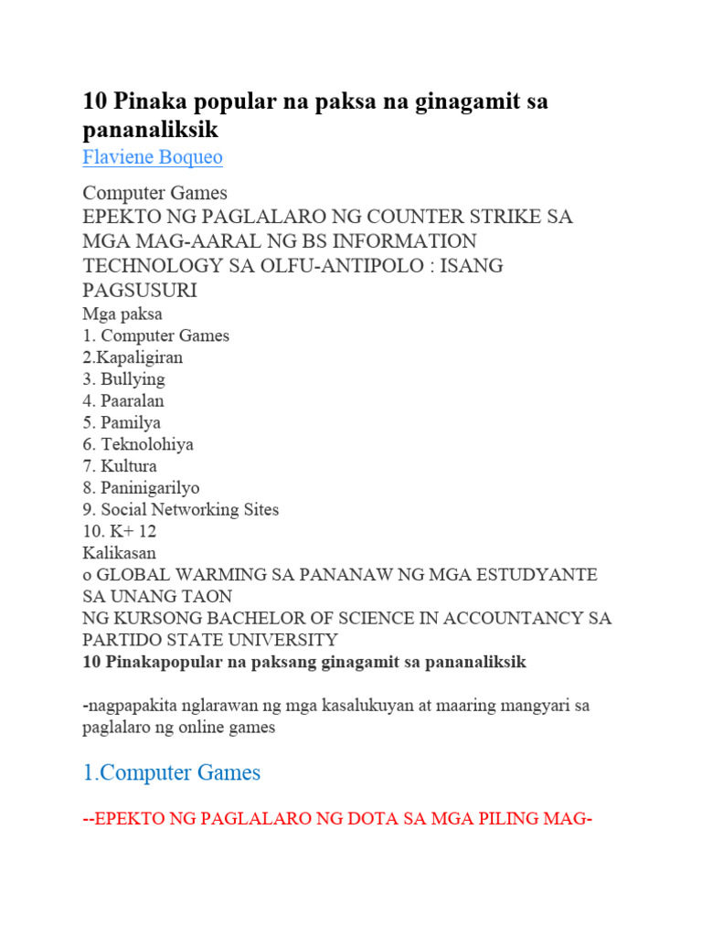 10 Pinaka Popular Na Paksa Na Ginagamit Sa Pananaliksik | PDF