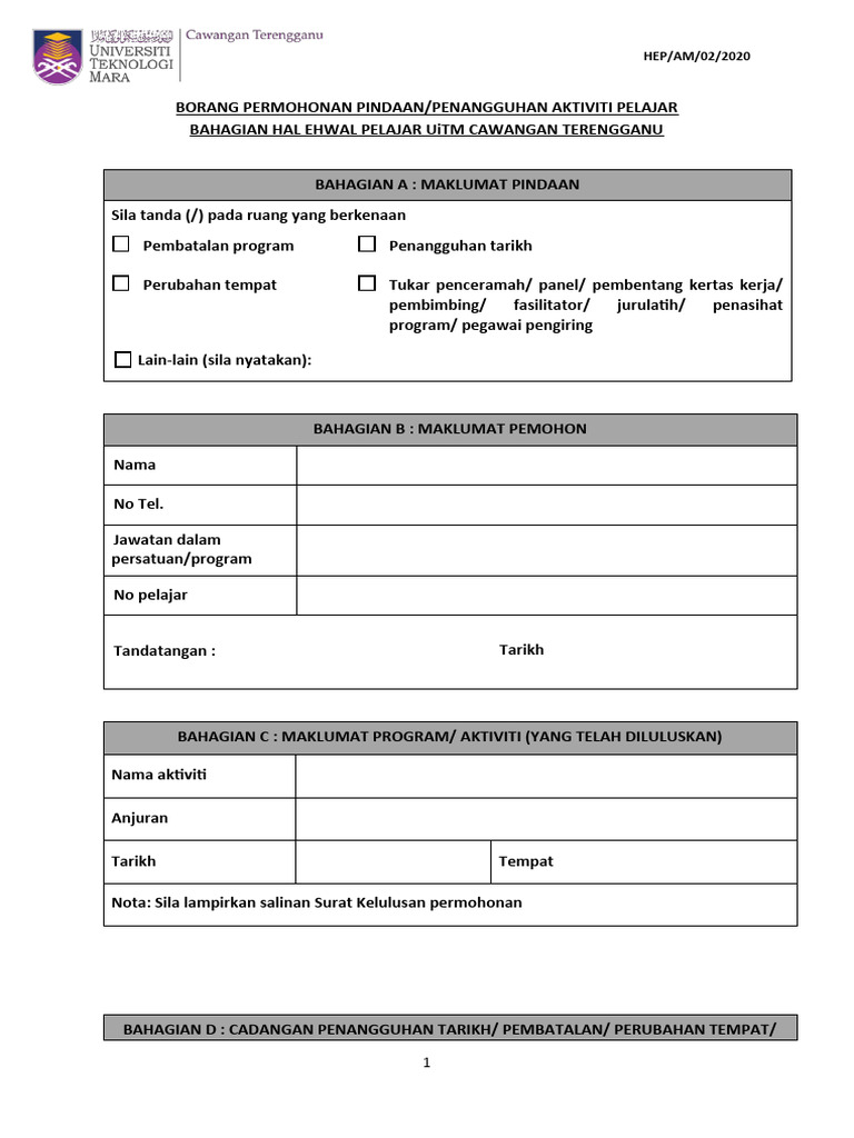 Template Borang Permohonan Pindaan | PDF