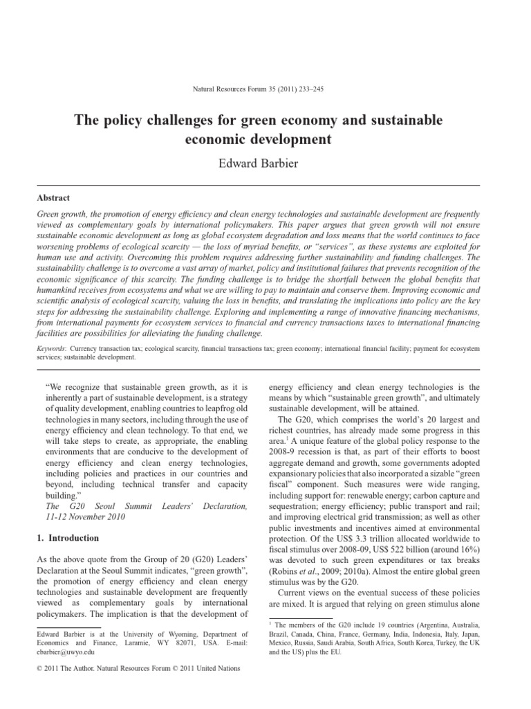 The Policy Challenges For Green Economy and Sustainable Economic ...