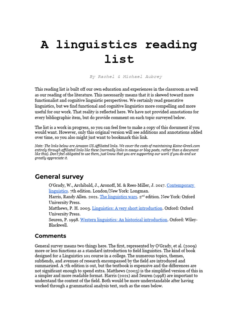 Comprehensive Linguistics Reading List | PDF | Morphology (Linguistics ...