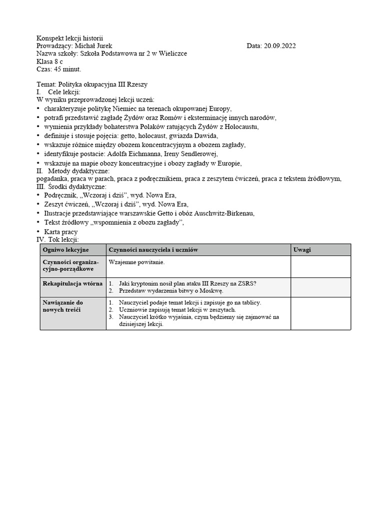 Konspekt Lekcji - Historia - Polityka Okupacyjna III Rzeszy - Wrzesień ...