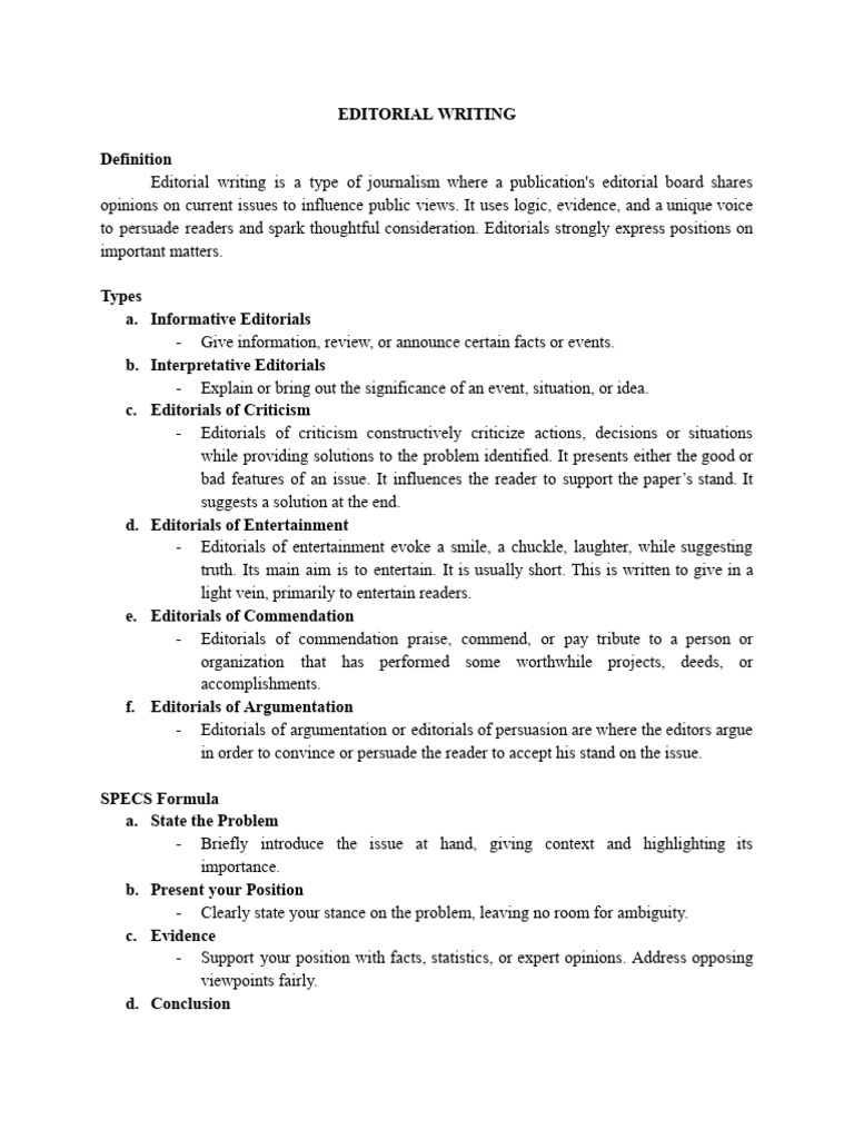 Editorial Writing: Key Concepts and Specs | PDF | Argument | Logic